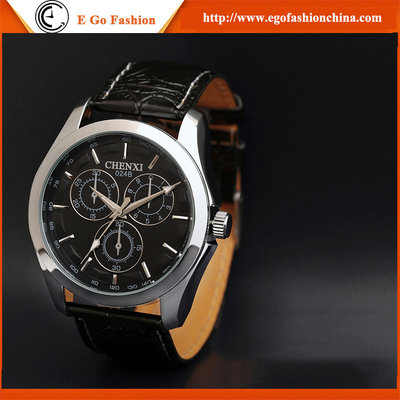 024B 3 Subdials Unisex Watch Genuine Leather Strap Quartz Watches for Man Women's Watches