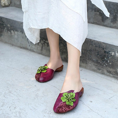 S001 Genuine leather women's shoes flower woven cool and breathable slippers factory direct sales
