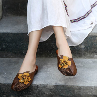 S001 Genuine leather women's shoes flower woven cool and breathable slippers factory direct sales