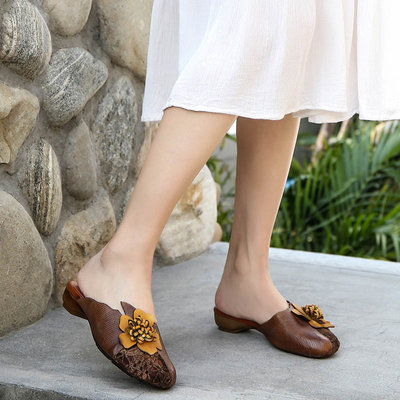 S001 Genuine leather women's shoes flower woven cool and breathable slippers factory direct sales