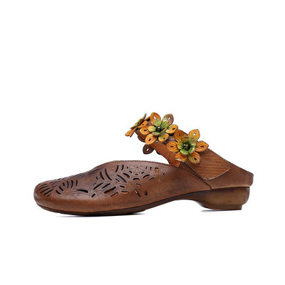 S004 2020 spring and summer new leather hollow flower velcro women's shoes round toe ethnic style handmade single shoes