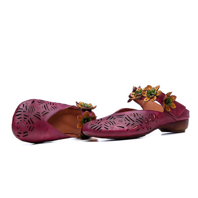 S004 2020 spring and summer new leather hollow flower velcro women's shoes round toe ethnic style handmade single shoes