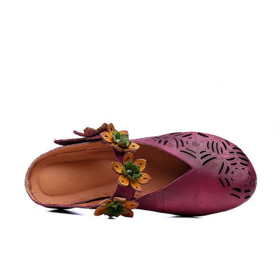 S004 2020 spring and summer new leather hollow flower velcro women's shoes round toe ethnic style handmade single shoes