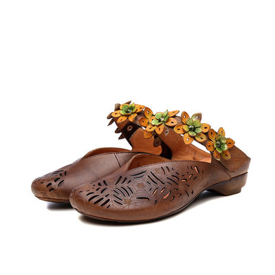 S004 2020 spring and summer new leather hollow flower velcro women's shoes round toe ethnic style handmade single shoes