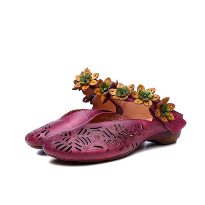 S004 2020 spring and summer new leather hollow flower velcro women's shoes round toe ethnic style handmade single shoes