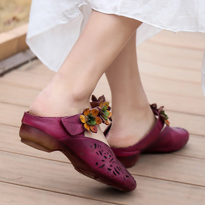 S004 2020 spring and summer new leather hollow flower velcro women's shoes round toe ethnic style handmade single shoes