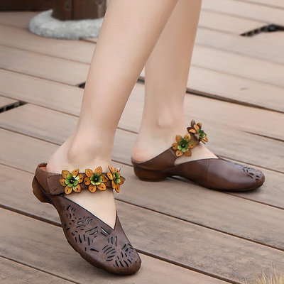 S004 2020 spring and summer new leather hollow flower velcro women's shoes round toe ethnic style handmade single shoes