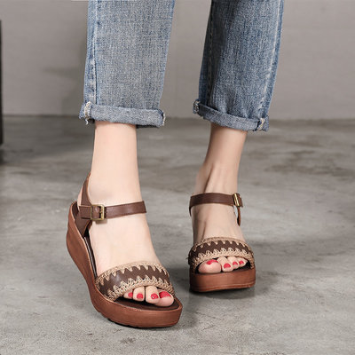 S009 2020 summer new retro leather women's open toe sandals handmade knitted ladies wedge women shoes factory