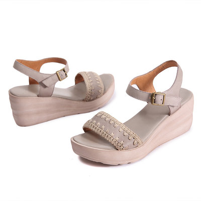 S009 2020 summer new retro leather women's open toe sandals handmade knitted ladies wedge women shoes factory