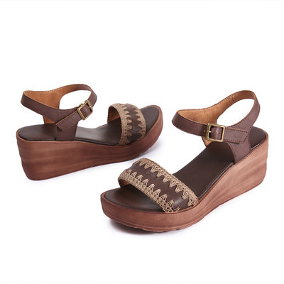 S009 2020 summer new retro leather women's open toe sandals handmade knitted ladies wedge women shoes factory