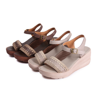 S009 2020 summer new retro leather women's open toe sandals handmade knitted ladies wedge women shoes factory