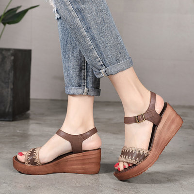 S009 2020 summer new retro leather women's open toe sandals handmade knitted ladies wedge women shoes factory
