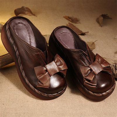 S011 Handmade original characteristic sponge cake with ethnic style women's sandals leather round head women's slippers