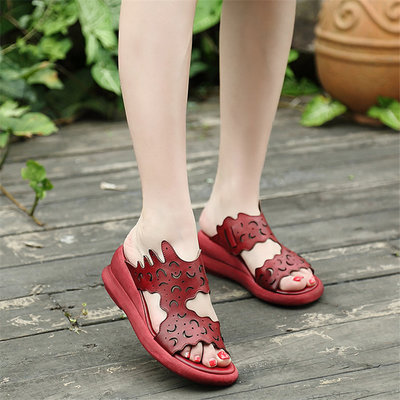 S012 Handmade original first layer leather fish mouth wedge heel women's sandals retro style thick-soled soft leather wo
