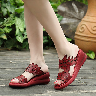S012 Handmade original first layer leather fish mouth wedge heel women's sandals retro style thick-soled soft leather wo