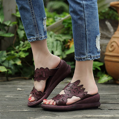 S012 Handmade original first layer leather fish mouth wedge heel women's sandals retro style thick-soled soft leather wo