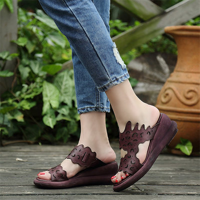 S012 Handmade original first layer leather fish mouth wedge heel women's sandals retro style thick-soled soft leather wo