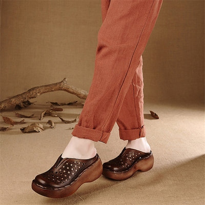 S014 Handmade original casual hollow sponge cake bottom leather women's shoes Guangzhou first layer leather women sandal