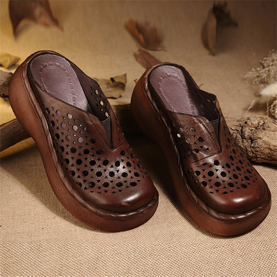 S014 Handmade original casual hollow sponge cake bottom leather women's shoes Guangzhou first layer leather women sandal