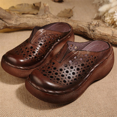 S014 Handmade original casual hollow sponge cake bottom leather women's shoes Guangzhou first layer leather women sandal