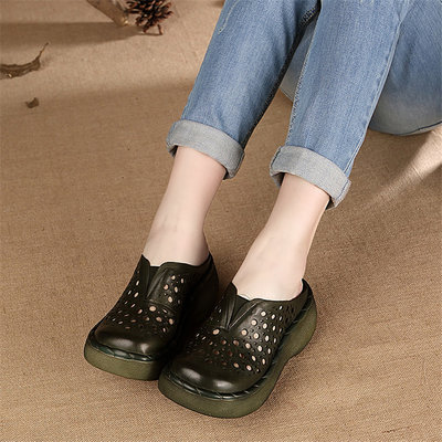 S014 Handmade original casual hollow sponge cake bottom leather women's shoes Guangzhou first layer leather women sandal