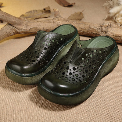 S014 Handmade original casual hollow sponge cake bottom leather women's shoes Guangzhou first layer leather women sandal