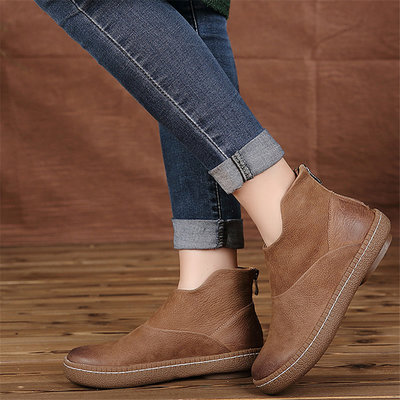 S016 Handmade leather Martin boots 2020 autumn and winter new ethnic style rear zipper non-slip round toe boots short
