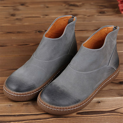S016 Handmade leather Martin boots 2020 autumn and winter new ethnic style rear zipper non-slip round toe boots short
