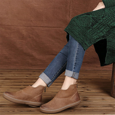 S016 Handmade leather Martin boots 2020 autumn and winter new ethnic style rear zipper non-slip round toe boots short