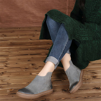 S016 Handmade leather Martin boots 2020 autumn and winter new ethnic style rear zipper non-slip round toe boots short
