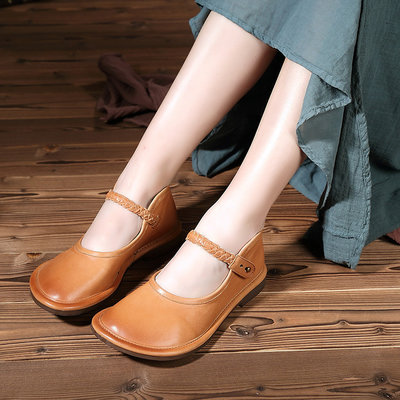 S018 Spring and summer new women's shoes leather ethnic style soft sole original handmade cowhide single shoes