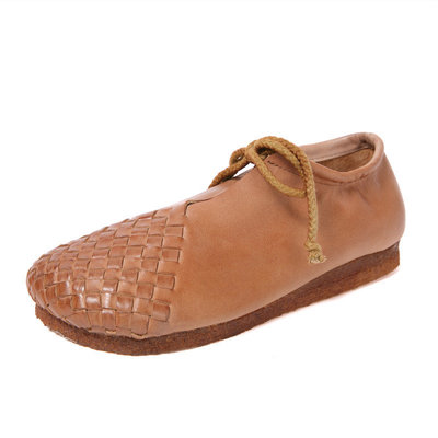 S019 Autumn new leather single shoes women's ethnic style woven flat-heel soft-soled comfortable lace-up leather shoes