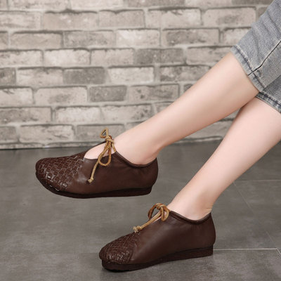 S019 Autumn new leather single shoes women's ethnic style woven flat-heel soft-soled comfortable lace-up leather shoes