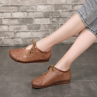 S019 Autumn new leather single shoes women's ethnic style woven flat-heel soft-soled comfortable lace-up leather shoes