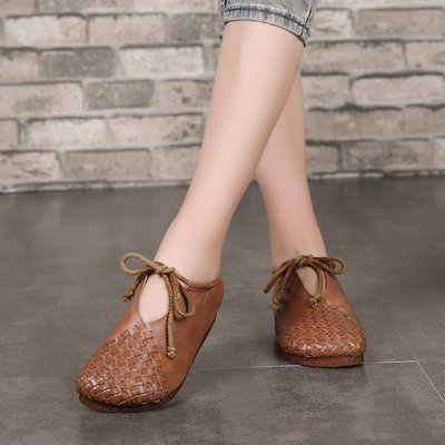 S019 Autumn new leather single shoes women's ethnic style woven flat-heel soft-soled comfortable lace-up leather shoes