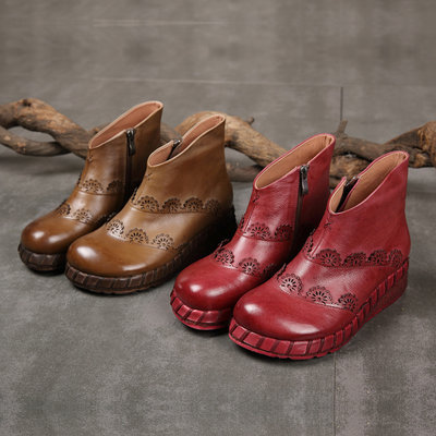 S021 Autumn and winter new leather women's boots original ethnic style soft bottom flat round toe casual ladies leather