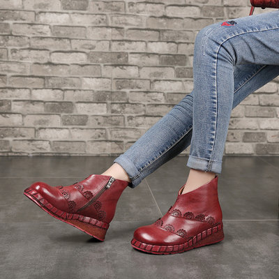 S021 Autumn and winter new leather women's boots original ethnic style soft bottom flat round toe casual ladies leather