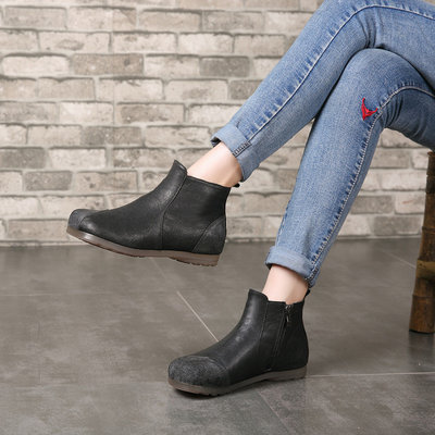S022 Autumn and winter new style literary leather retro women's boots round toe soft patch flat bottom handmade casual