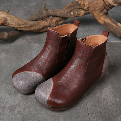 S022 Autumn and winter new style literary leather retro women's boots round toe soft patch flat bottom handmade casual