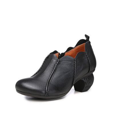 S023 Casual original single shoes leather round head thick heel handmade small leather shoes women