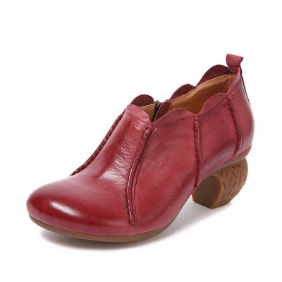 S023 Casual original single shoes leather round head thick heel handmade small leather shoes women