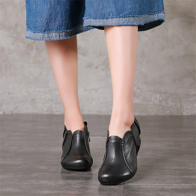 S023 Casual original single shoes leather round head thick heel handmade small leather shoes women