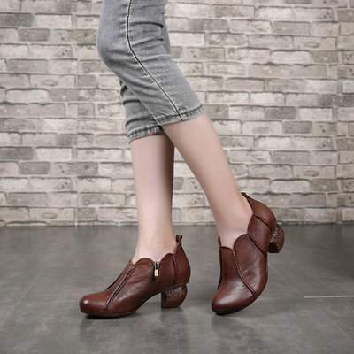 S023 Casual original single shoes leather round head thick heel handmade small leather shoes women