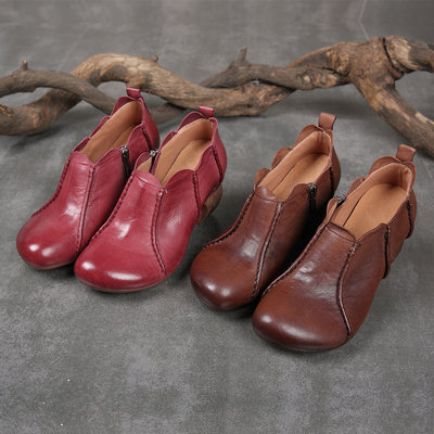 S023 Casual original single shoes leather round head thick heel handmade small leather shoes women