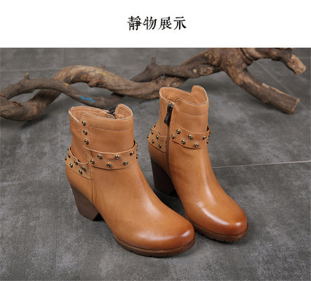 S025 New rivet leather short boots original handmade thick heel classic versatile high heel casual women