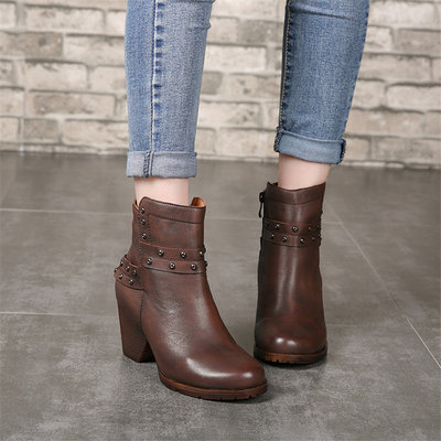 S025 New rivet leather short boots original handmade thick heel classic versatile high heel casual women