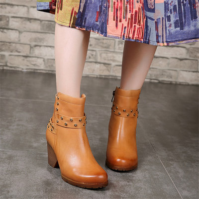 S025 New rivet leather short boots original handmade thick heel classic versatile high heel casual women