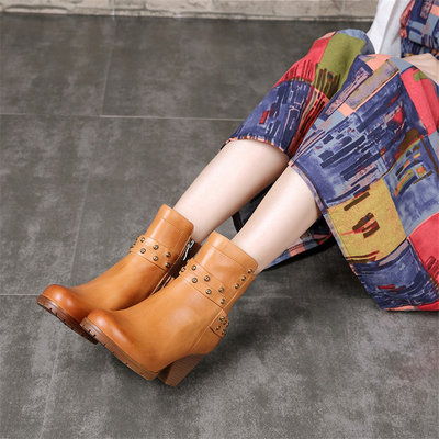 S025 New rivet leather short boots original handmade thick heel classic versatile high heel casual women