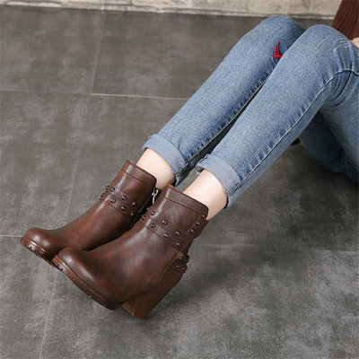 S025 New rivet leather short boots original handmade thick heel classic versatile high heel casual women