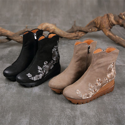 S028 New autumn and winter embroidered leather women's mid-boots wedge round toe waterproof platform flower embroidery